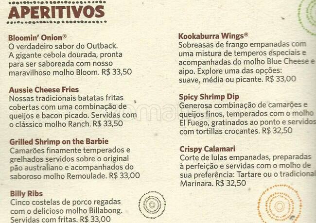 Outback Steakhouse cardápio, Cardápio de Outback Steakhouse, Botafogo ...