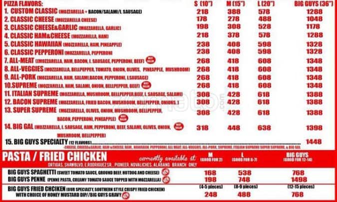 Big Guys Pizza Menu, Menu for Big Guys Pizza, Poblacion, Makati City ...