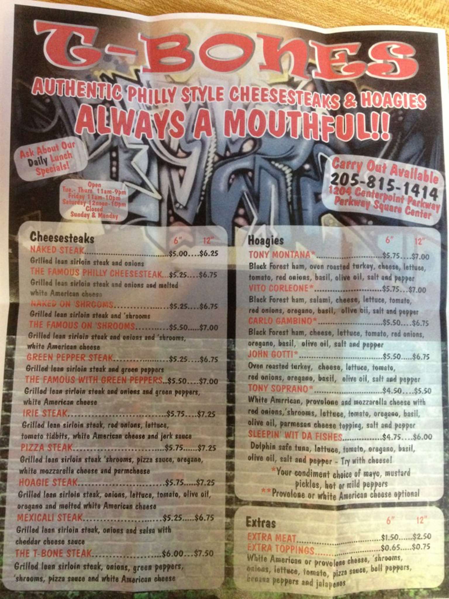 T Bones Steaks, Huffman Menu