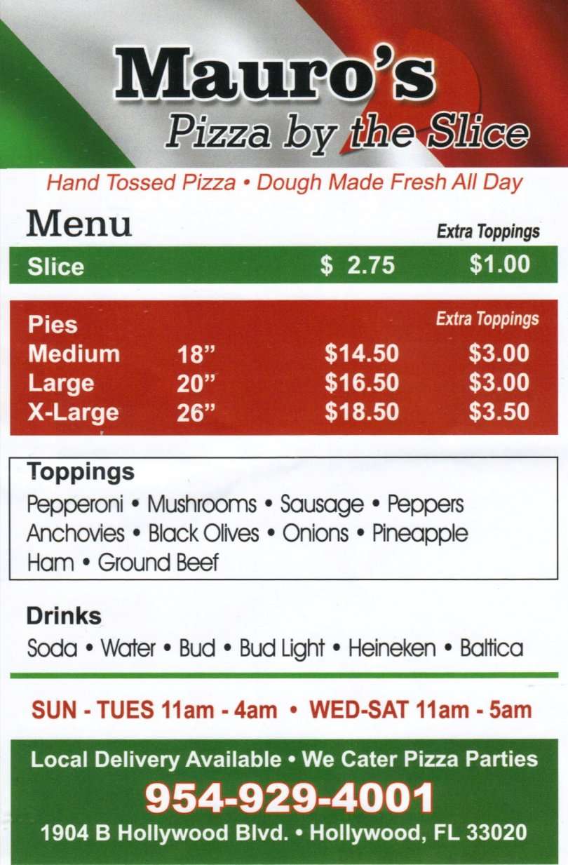 Mauro's Pizza Menu, Menu for Mauro's Pizza, Hollywood/Hallandale, Miami ...
