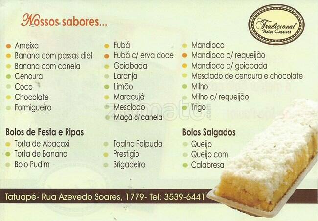 Tradicional Bolos Caseiros cardapio - Zomato Brasil