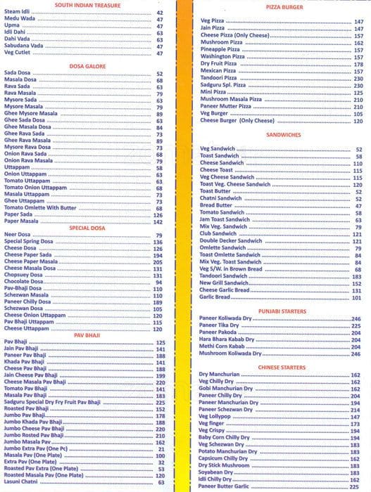 Sadguru Veg Diet Menu, Menu for Sadguru Veg Diet, Chembur, Mumbai - Zomato