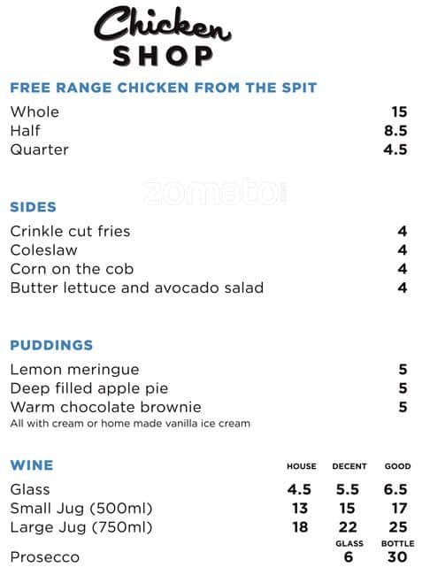 Chicken Shop, Holborn Menu